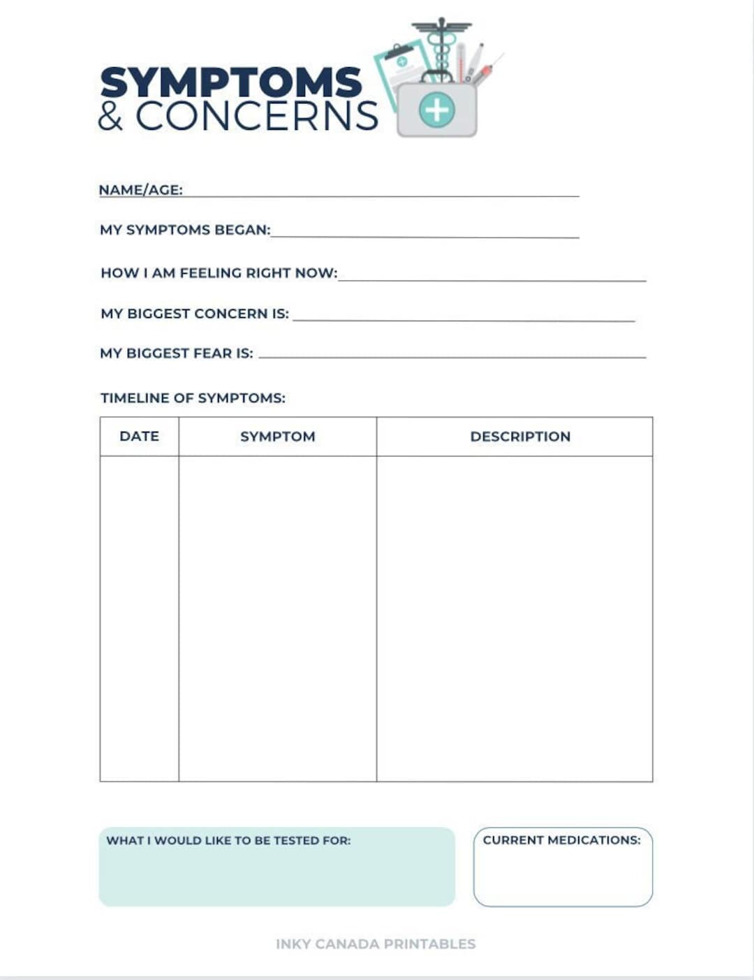 Symptoms and Concerns Sheet for Doctor Visits FAMILY PRINTABLE - Etsy