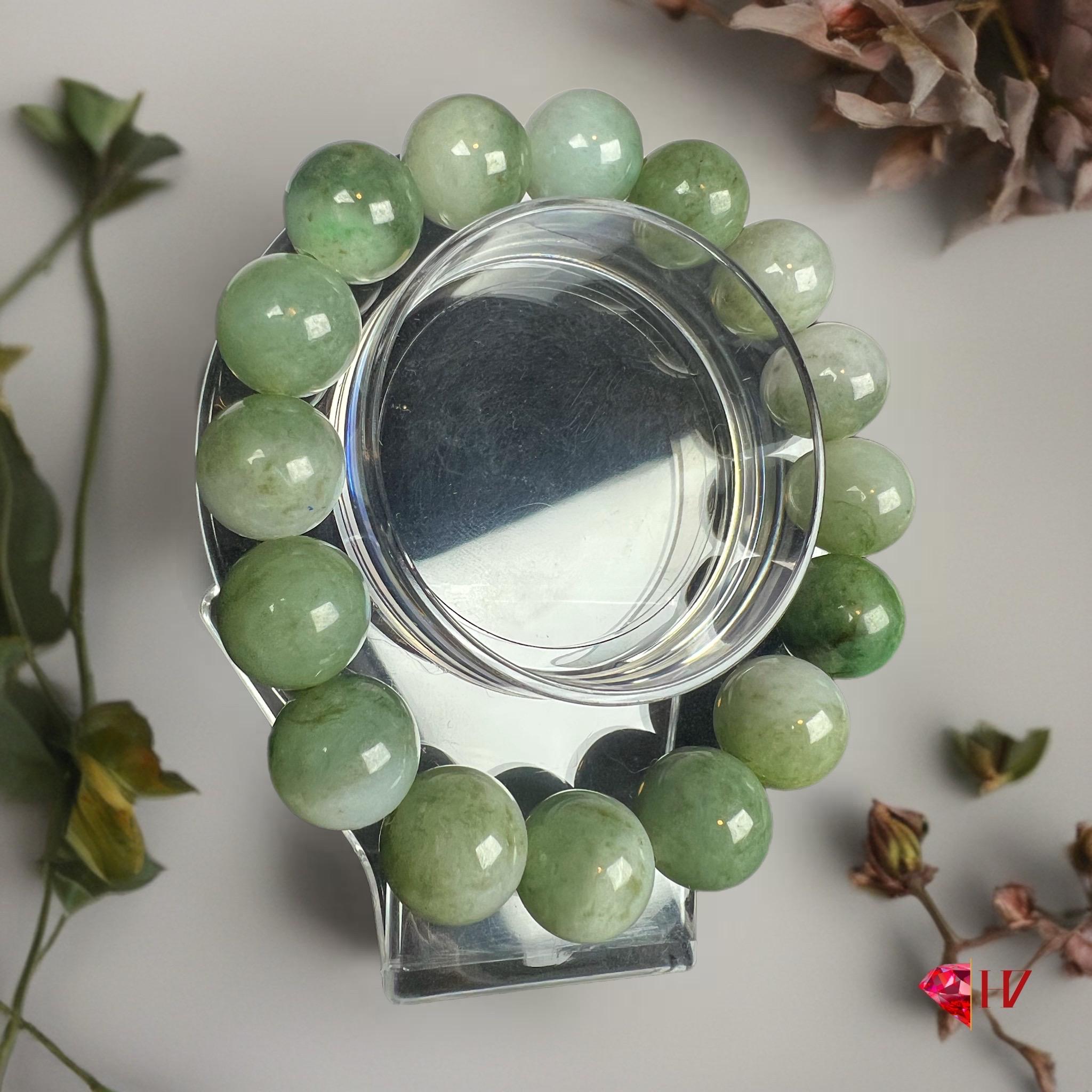 Genuine Burmese Type A Jadeite Jade Floral Pattern Green Bead Bracelet ...