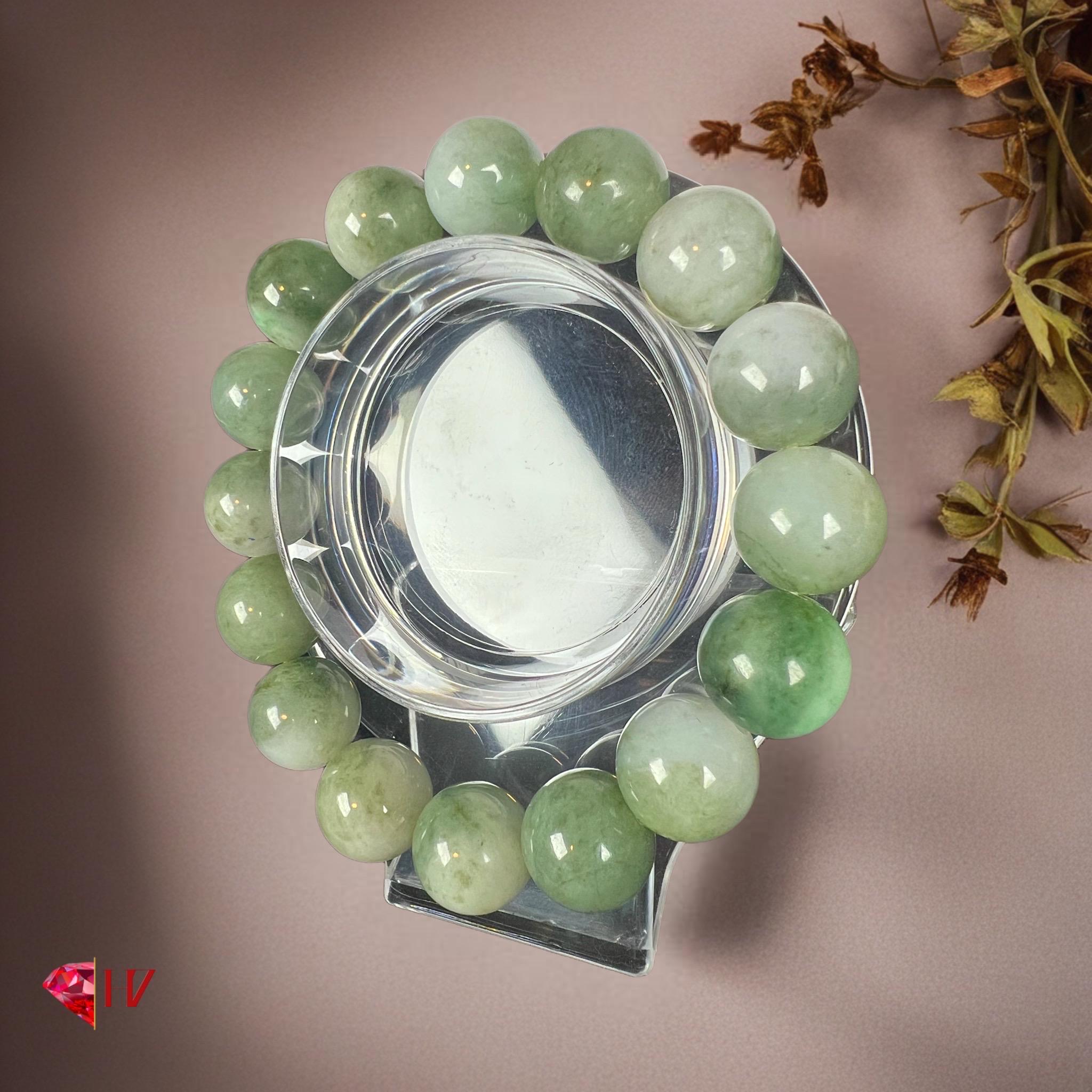 Genuine Burmese Type A Jadeite Jade Floral Pattern Green Bead Bracelet ...