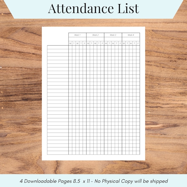 Attendance Sheet, Monthly Attendance Sheet, Attendance Log, Printable ...