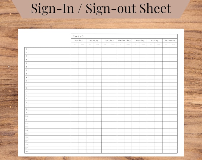 Mon-fri Sign-in Template, Printable Sign-in and Sign-out Sheet, Weekly ...