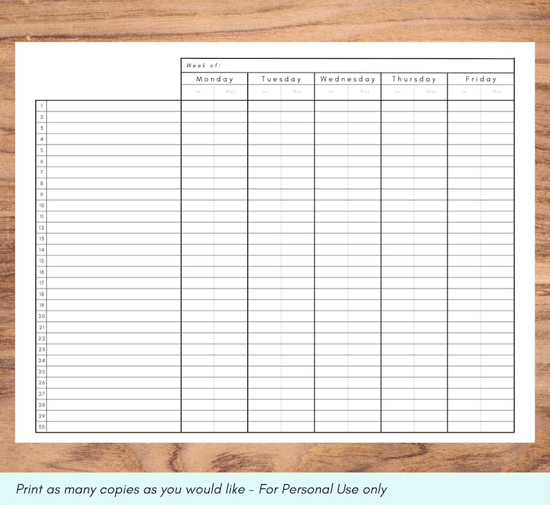 Mon-fri Sign-in Template, Printable Sign-in and Sign-out Sheet, Weekly ...