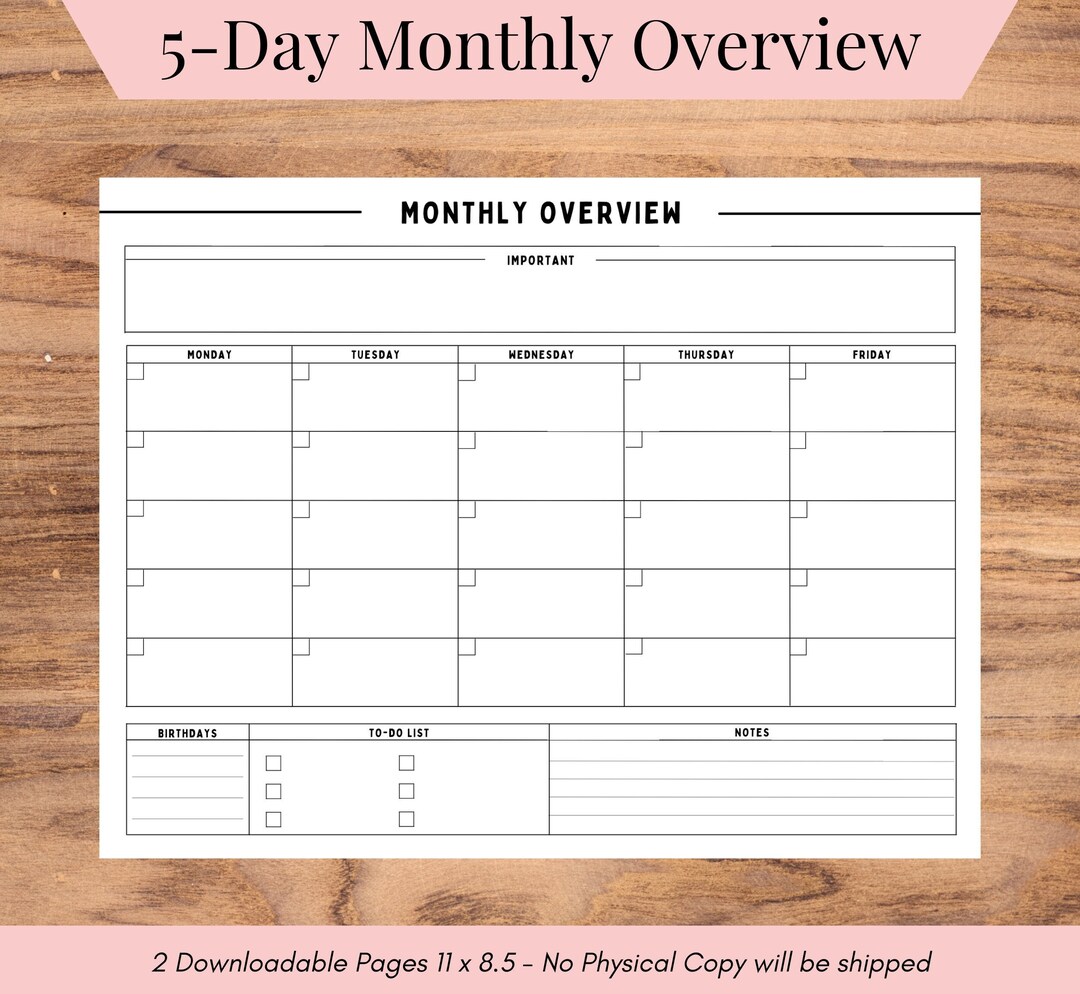 5-day Monthly Overview, Yearly Overview, Month at a Glance, Year at a ...