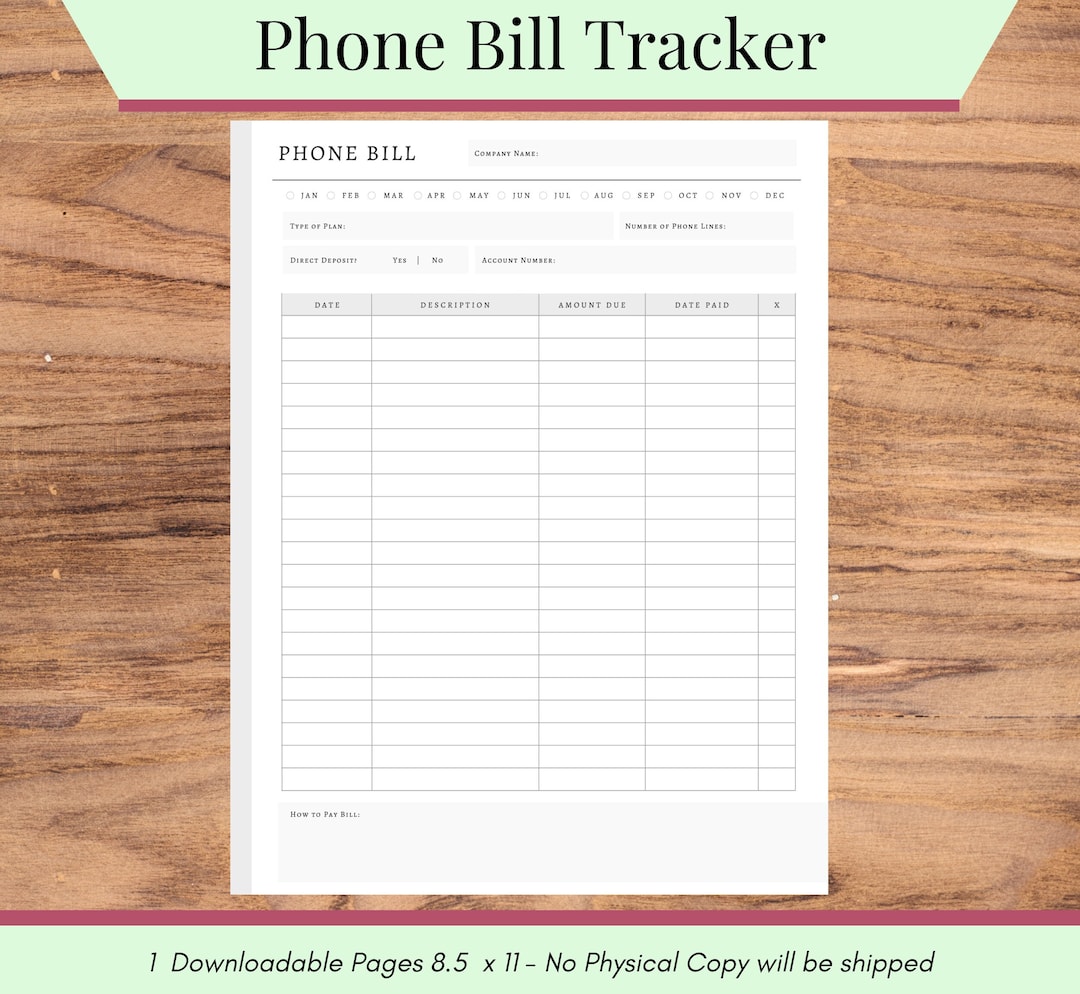 Phone Bill Tracker Printable, Cell Phone Bill, Monthly Bill Payment ...