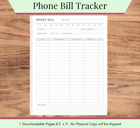 Phone Bill Tracker Printable Cell Phone Bill Monthly Bill | Etsy