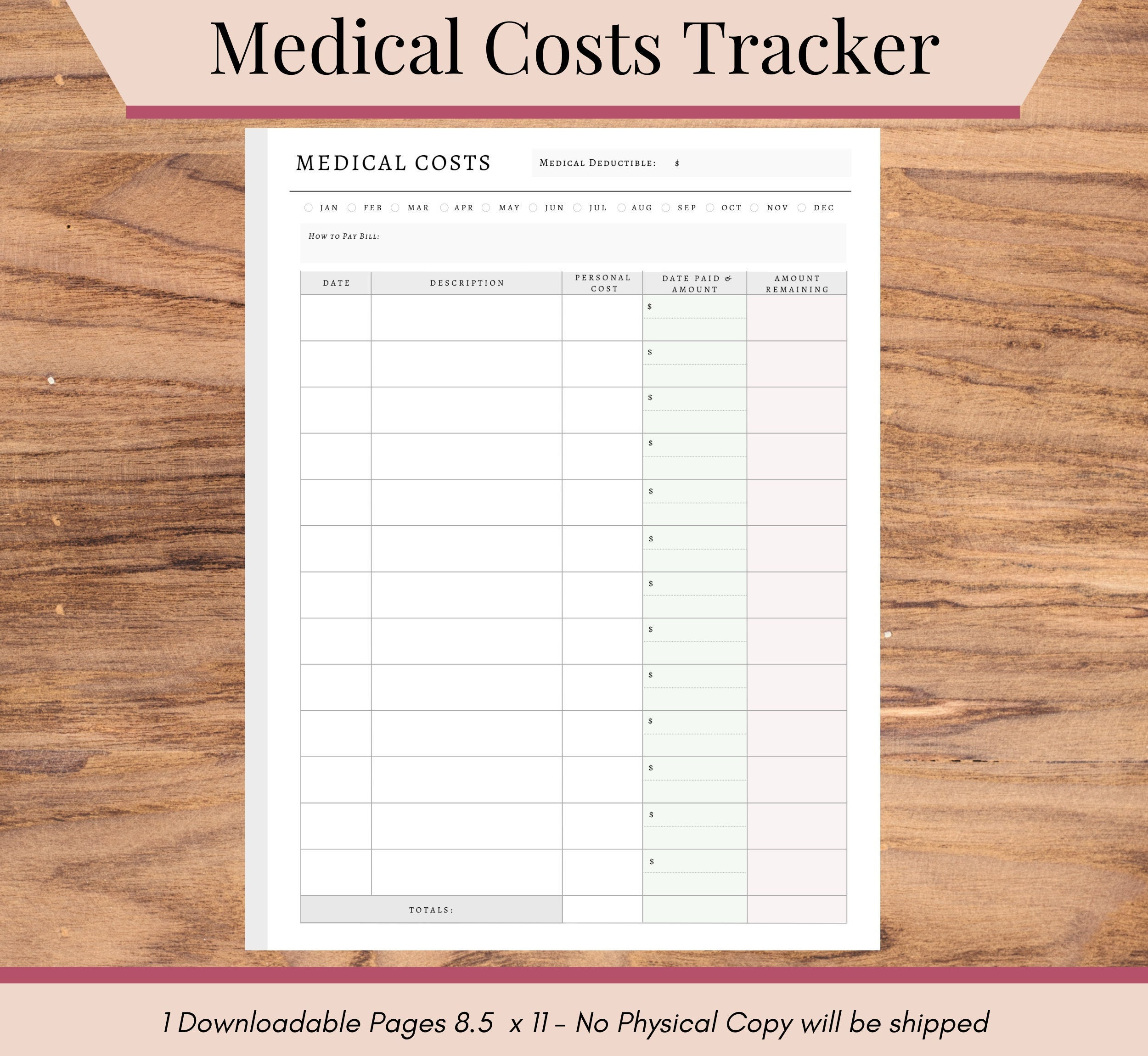Medical Cost Financial Tracker, Printable Bill Payment, Medical Bill ...