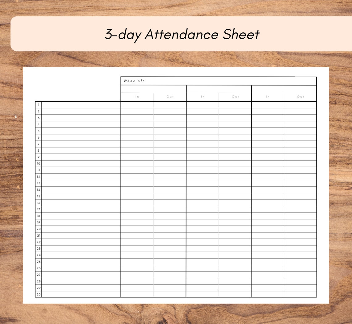 3-day Attendance Sheet With Blank Date Section, With in & Out Initial ...