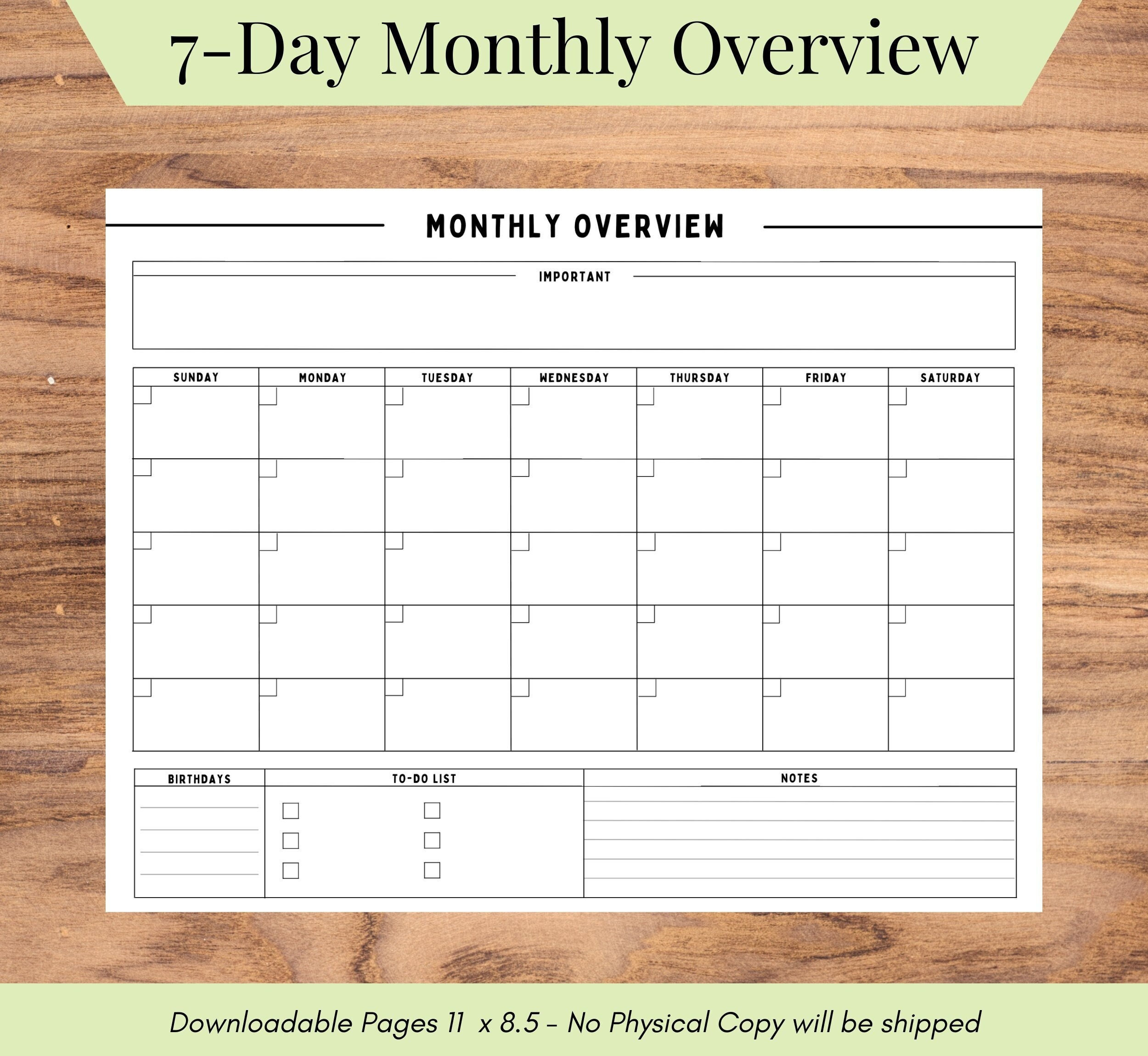7-day Monthly Planner Printable, Month Calendar, Yearly Overview, Month ...