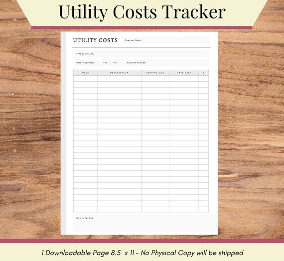 Utility Costs Tracker Printable Bill Payment Bill Planner | Etsy