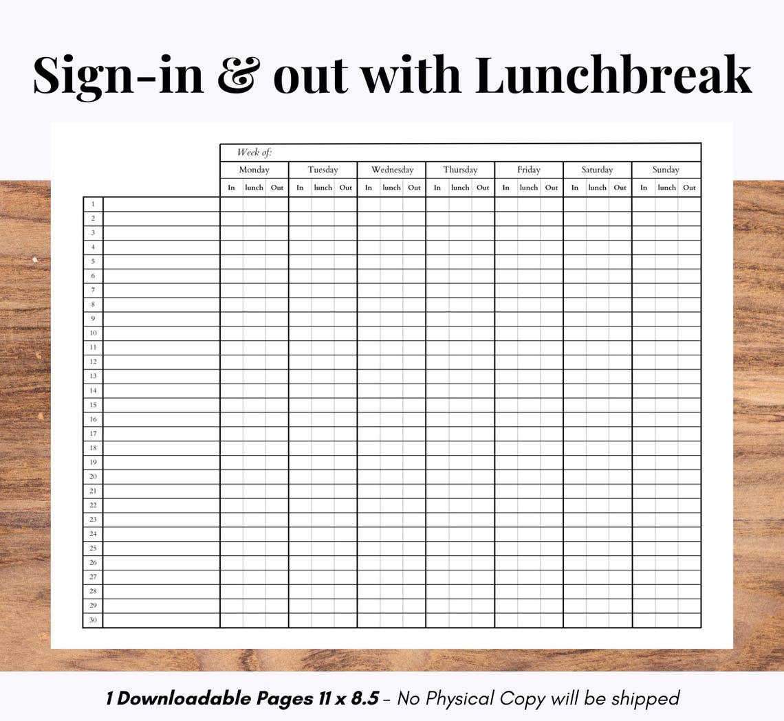Sign-in & Sign-out Sheet With Lunch Break, Sign-in Template, Daily Sign ...