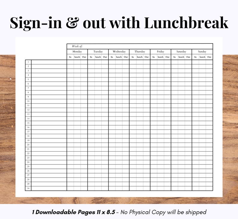 Sign-in & Sign-out Sheet With Lunch Break, Sign-in Template, Daily Sign ...