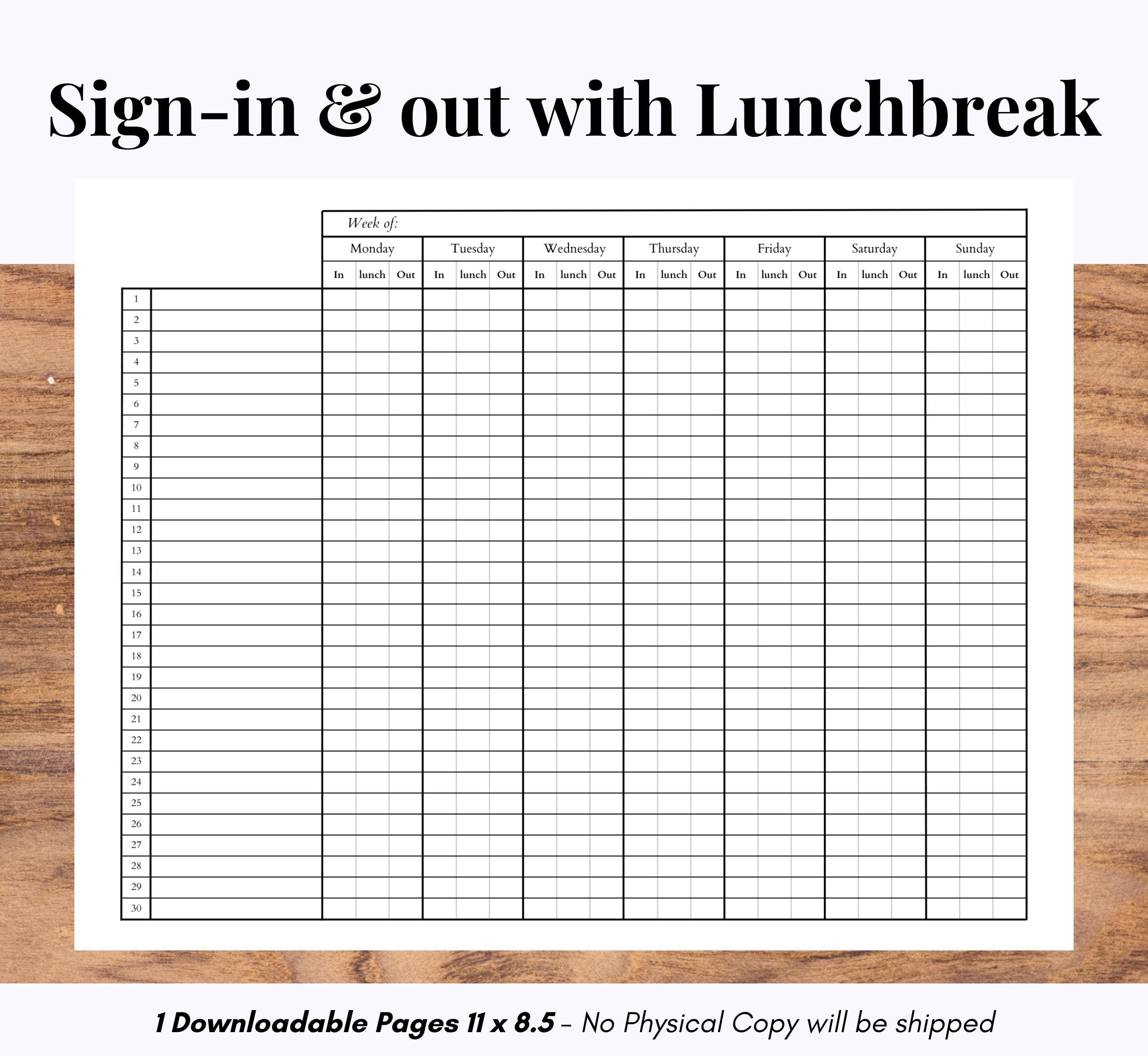Sign-in & Sign-out Sheet With Lunch Break, Sign-in Template, Daily Sign ...