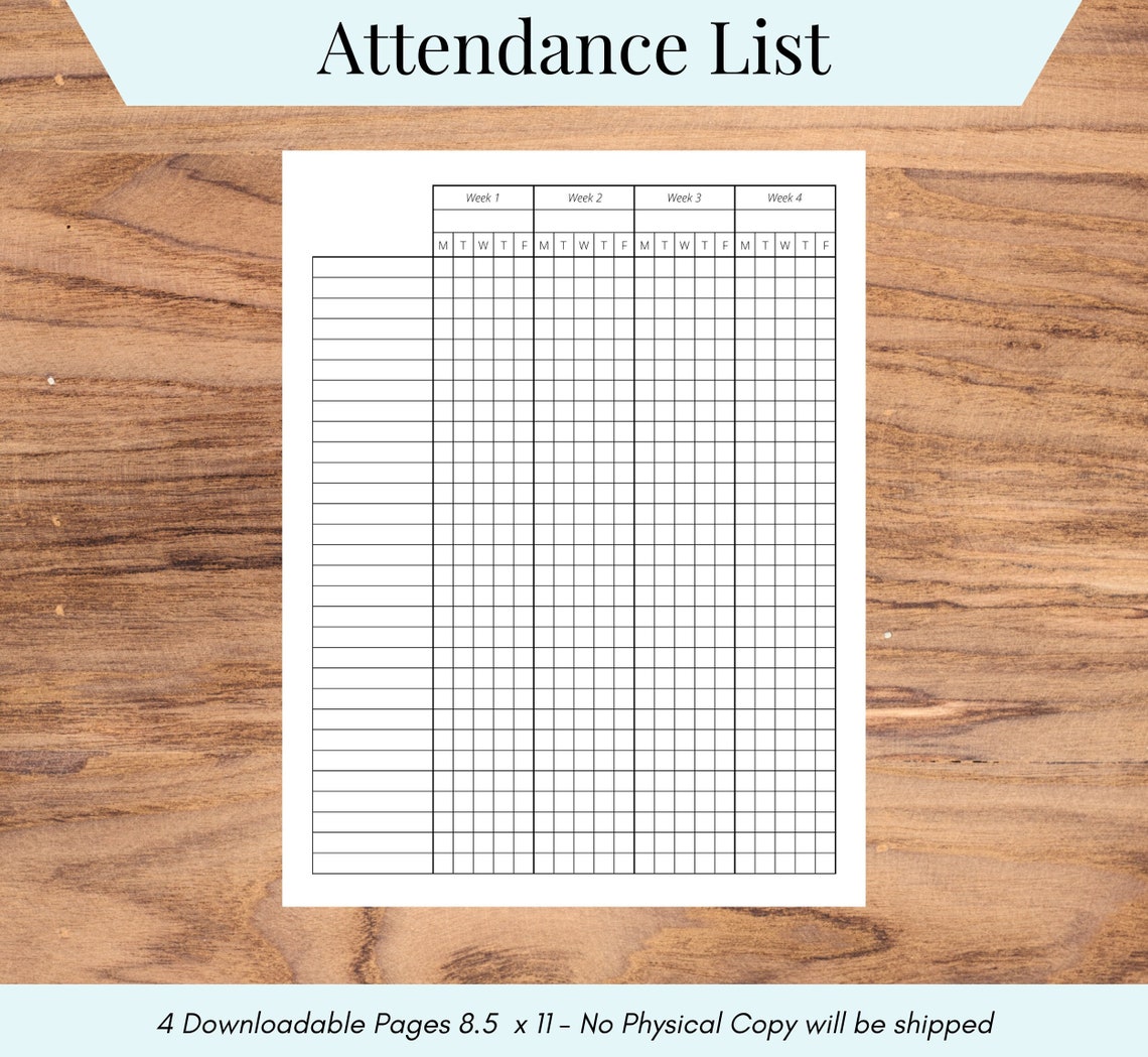 Attendance Sheet Monthly Attendance Sheet Attendance Log - Etsy