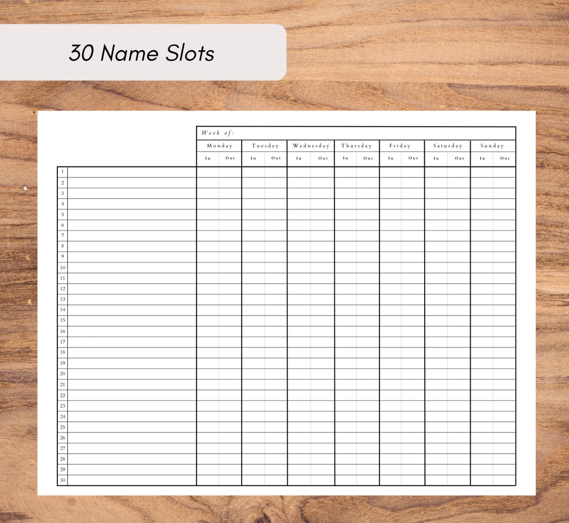 Mon-sun Attendance Sheet With Blank Date Section, With in & Out Initial ...