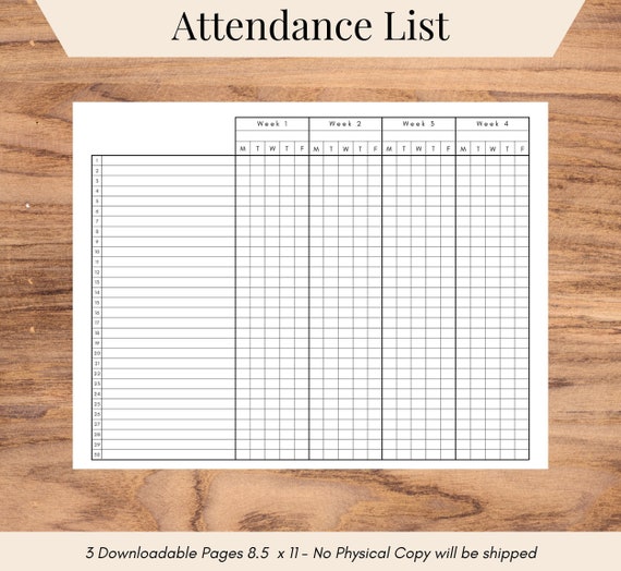 Attendance Sheet Monthly Attendance Sheet Attendance Log | Etsy