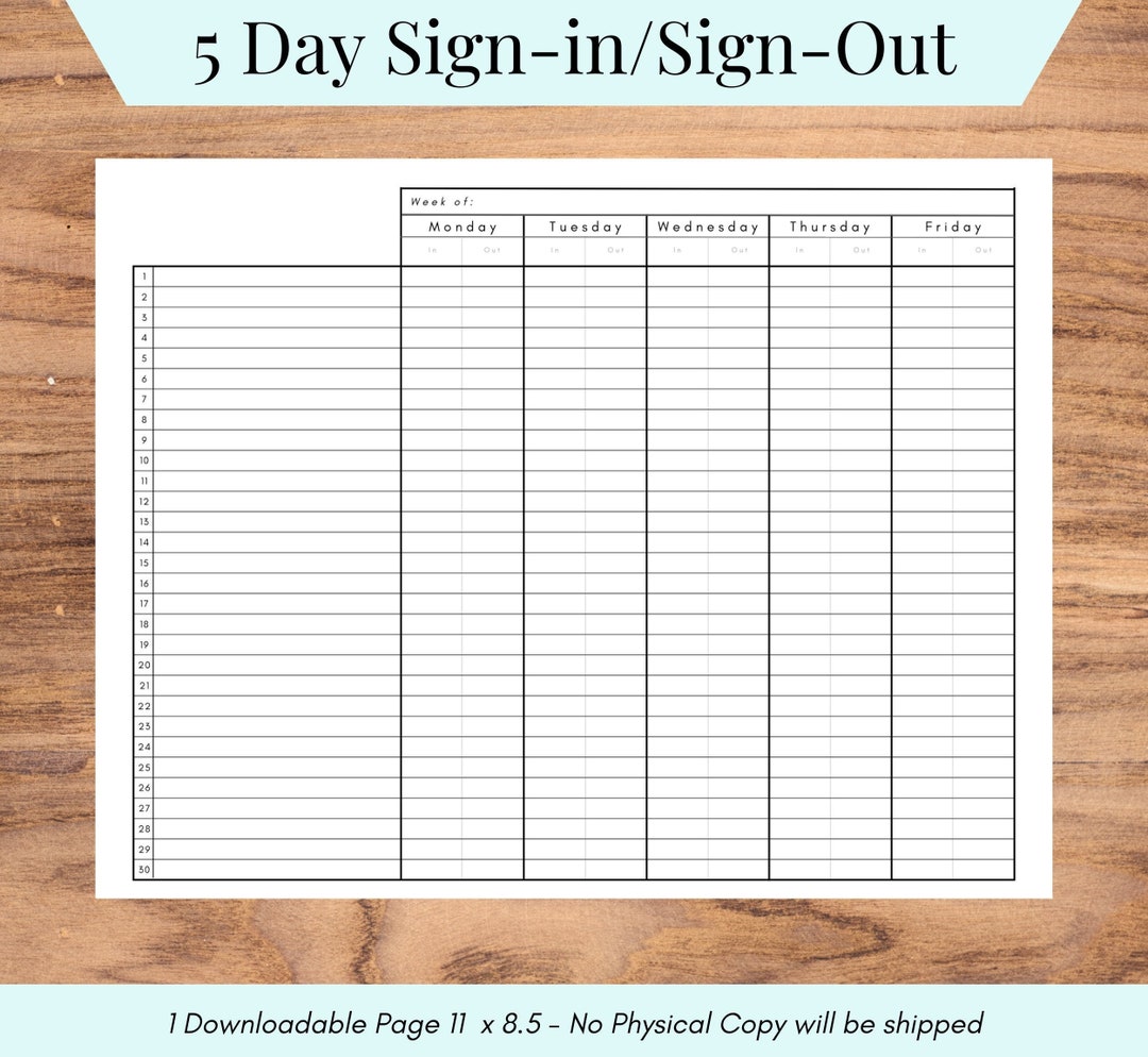 Mon-fri Sign-in Template, Printable Sign-in and Sign-out Sheet, Weekly ...