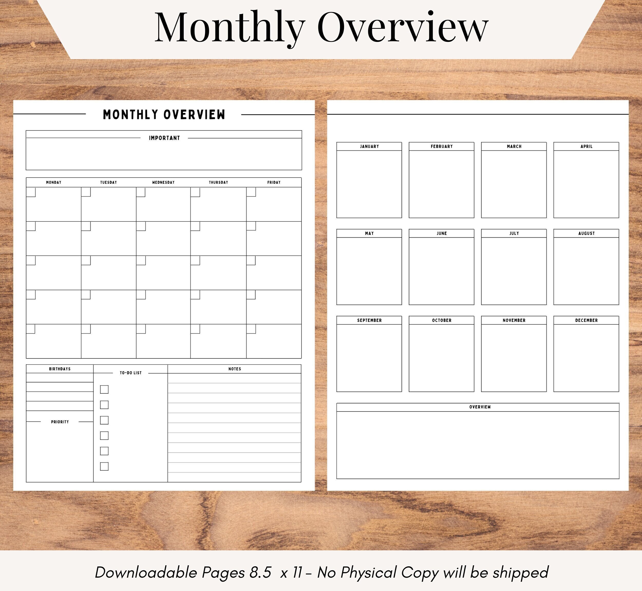 Undated Monthly Planner Printable, Month Calendar, Yearly Overview ...
