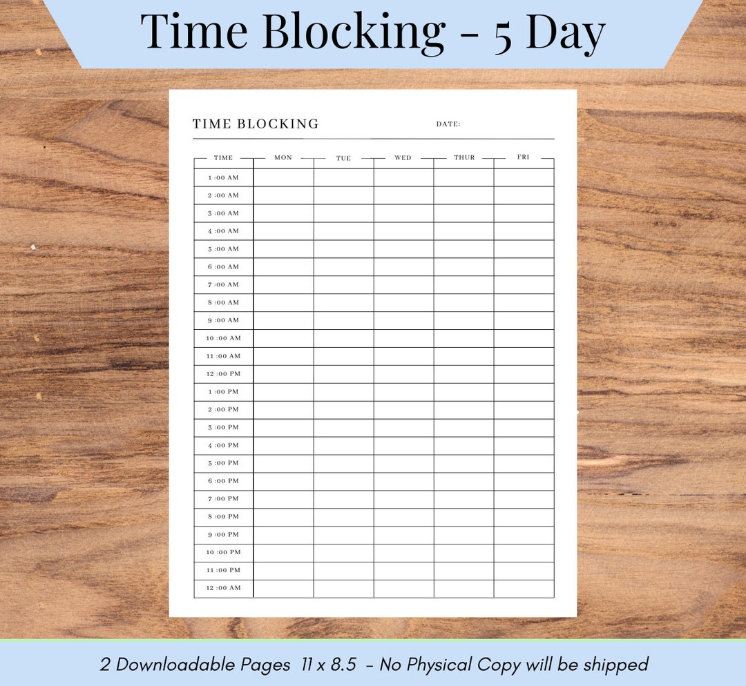 5 -day Weekly Time Blocking Sheet, 24-hour Planner, 24-hour Schedule ...