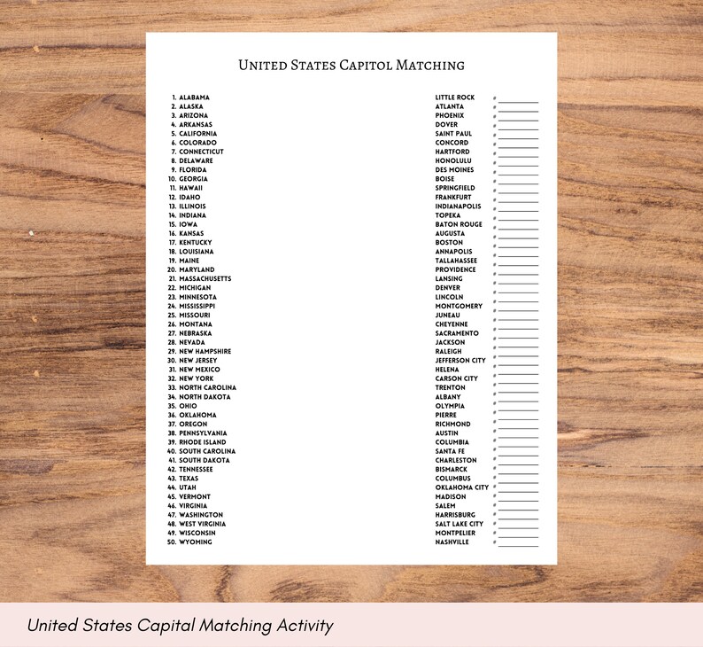 USA Capital Lesson Plan Activities, Educational Matching Game, State ...