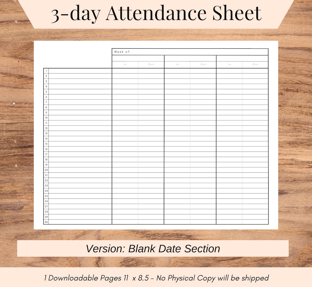 3-day Attendance Sheet With Blank Date Section, With in & Out Initial ...