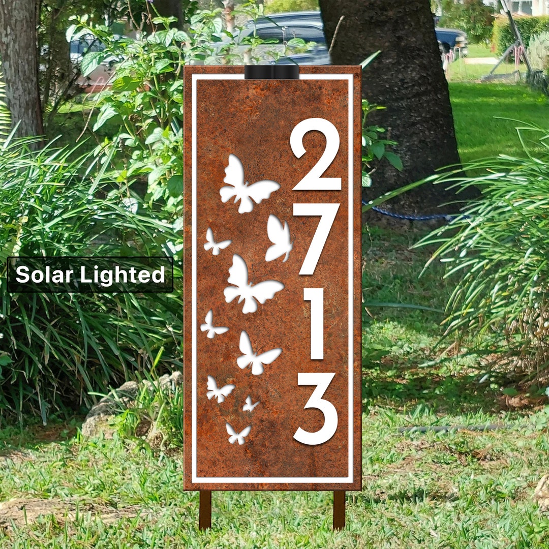 Solar Lighted Driveway Address Sign With Stakes, Butterfly Address Sign ...