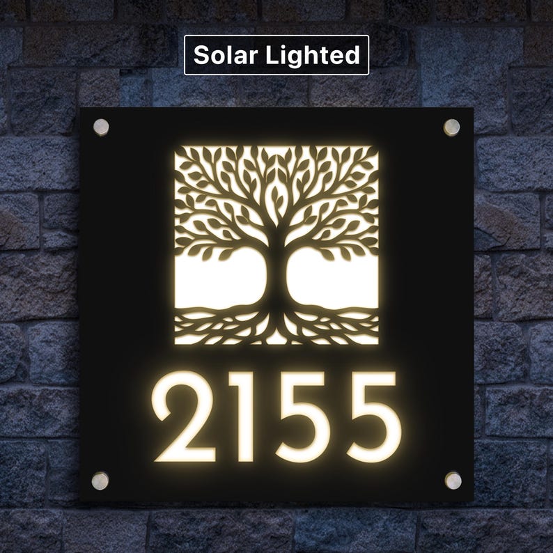 Solar Lighted House Numbers - Modern Illuminated Address Sign - Tree of ...