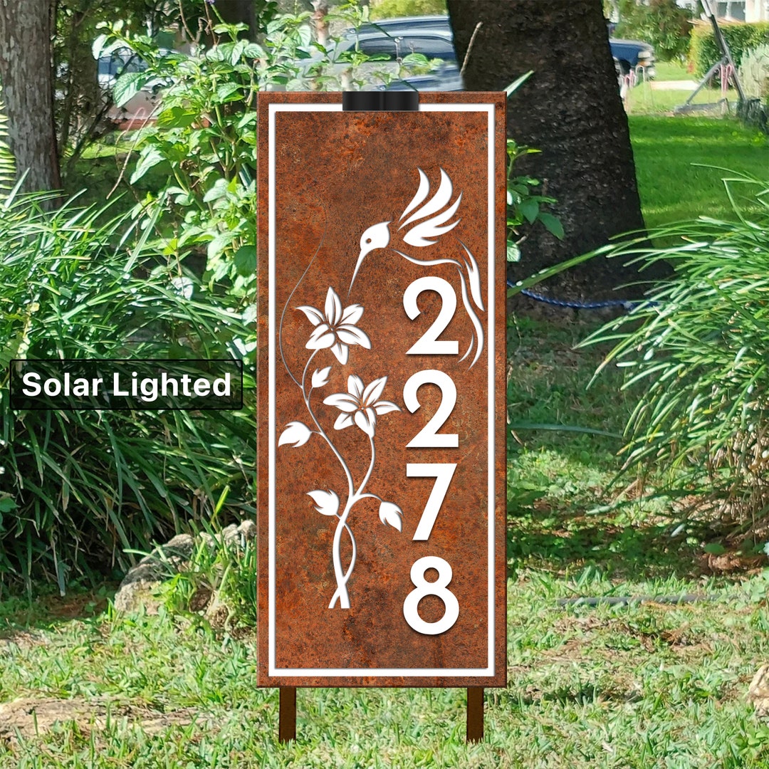Solar Lighted Steel Address Sign With Stakes, Humming Bird Address Sign ...