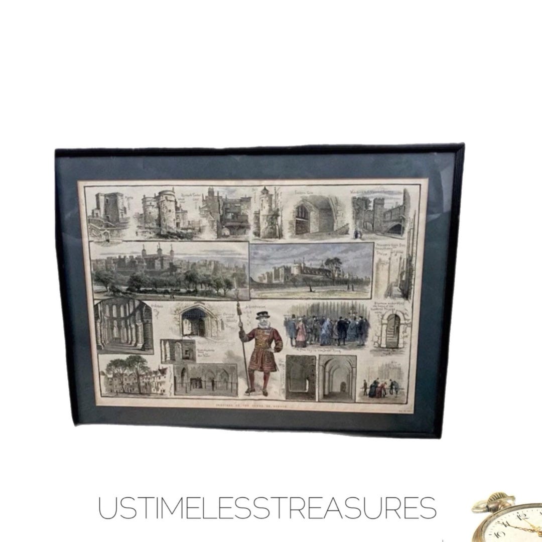 1883 Antique Tower of London 24” X 19” Victorian Elizabethan Hand ...