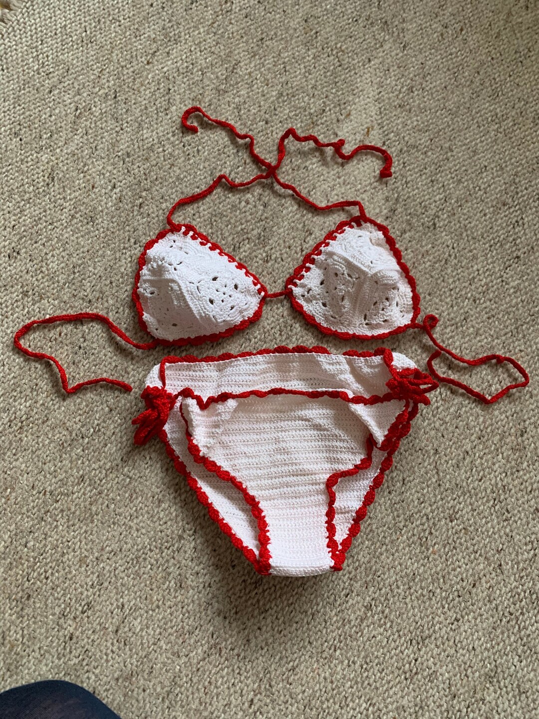 Hand Crocheted Swim Bikini Set. White With Red Edges. Fits Size S 36/38 ...