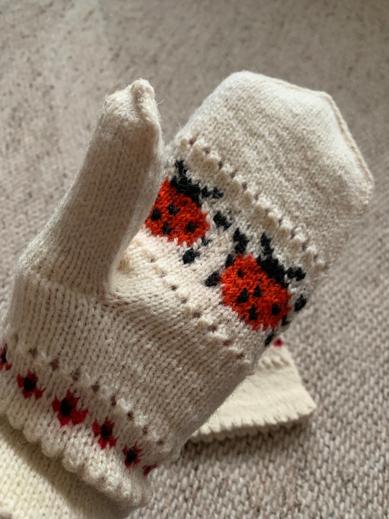 Hand-knitted Woollen Mittens With Lovely Ladybugs. Natural White. Fits ...