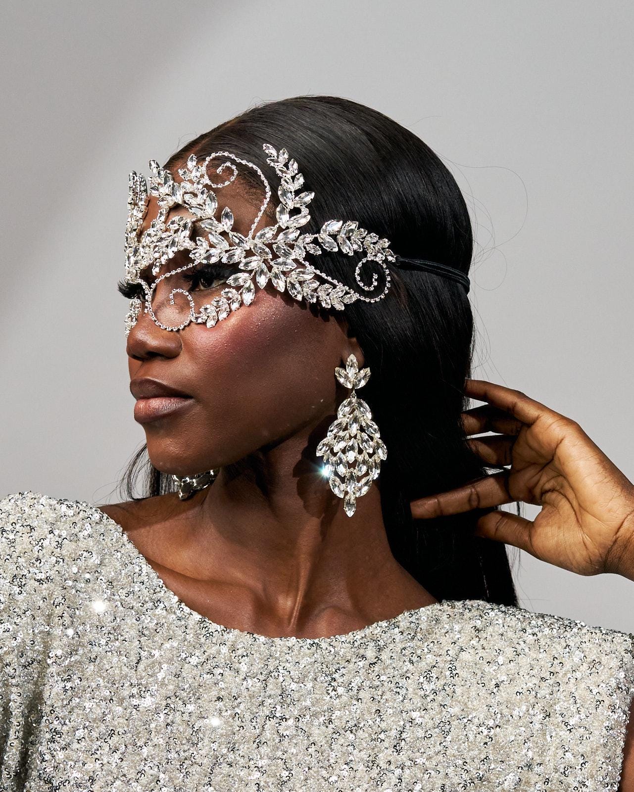 Rose Gold (AB Stone) Crystal Masquerade Mask With Matching Earrings for ...