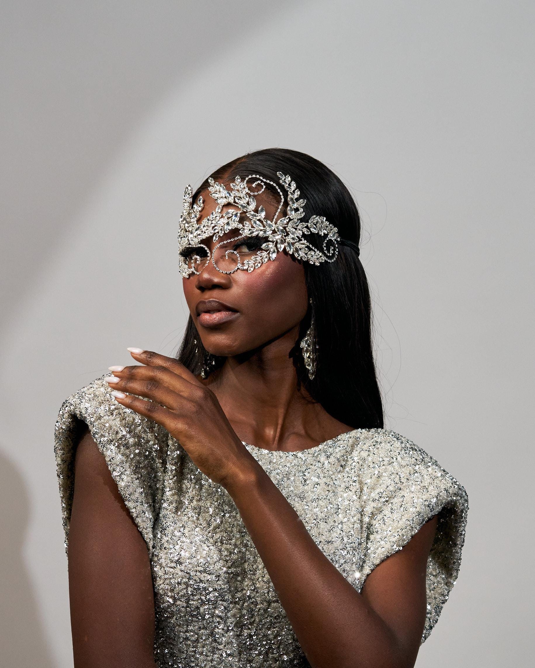 Silver Rhinestone Masquerade Mask With Matching Earrings for Festivals ...