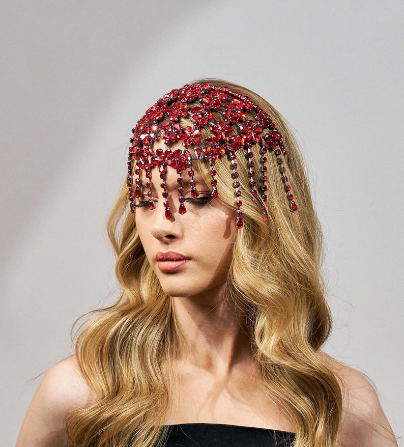 Red Crystal Wedding Veil Jewelry, Luxury Bridal Chain Veil Headband - Etsy