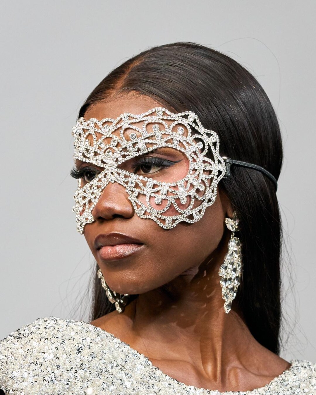 Silver Rhinestone Masquerade Mask With Matching Earrings for Festivals ...