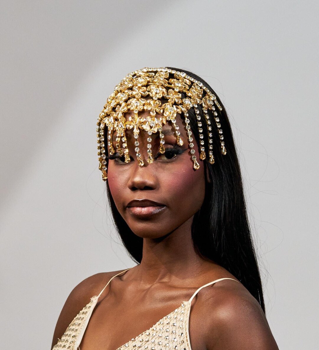 Gold Crystal Wedding Veil Jewelry, Luxury Bridal Chain Veil Headband - Etsy
