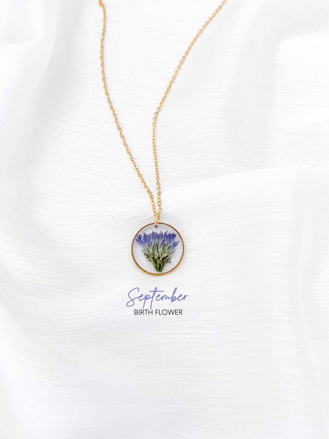 Aster September Birth Flower Necklace Blue 18k Gold Natural Dried ...