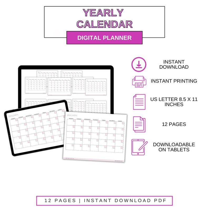 Blank Yearly Calendar Printable: 12-month Overview (digital PDF) - Etsy