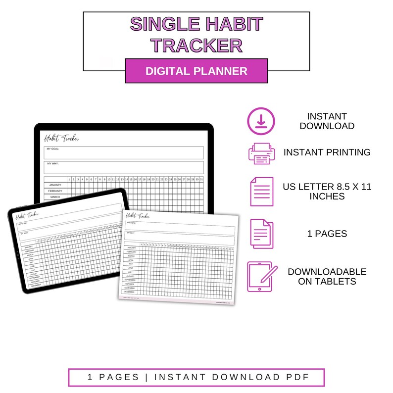 Digital Single Habit Tracker: Printable PDF Template (11x8.5) - Etsy