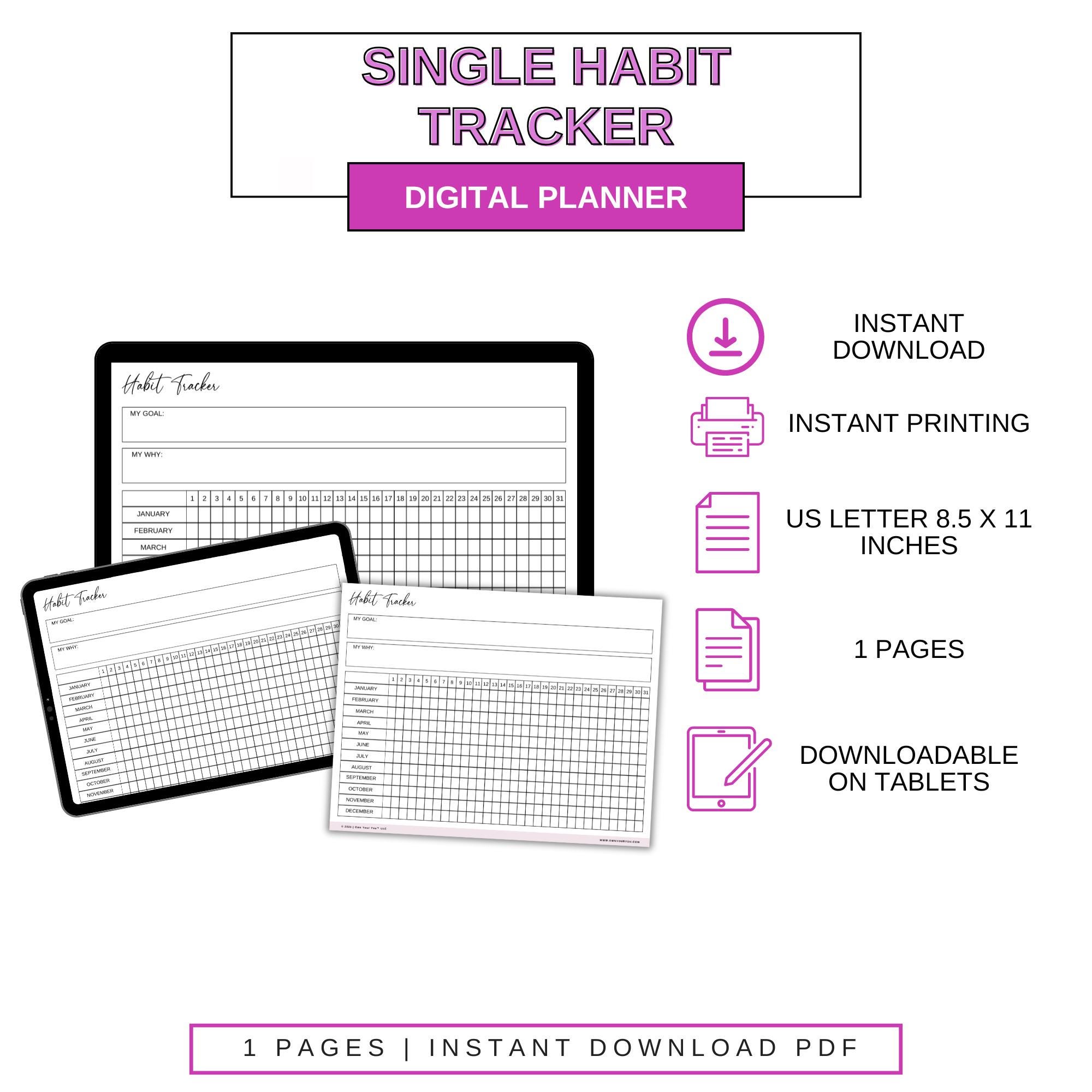 Digital Single Habit Tracker: Printable PDF Template (11x8.5) - Etsy