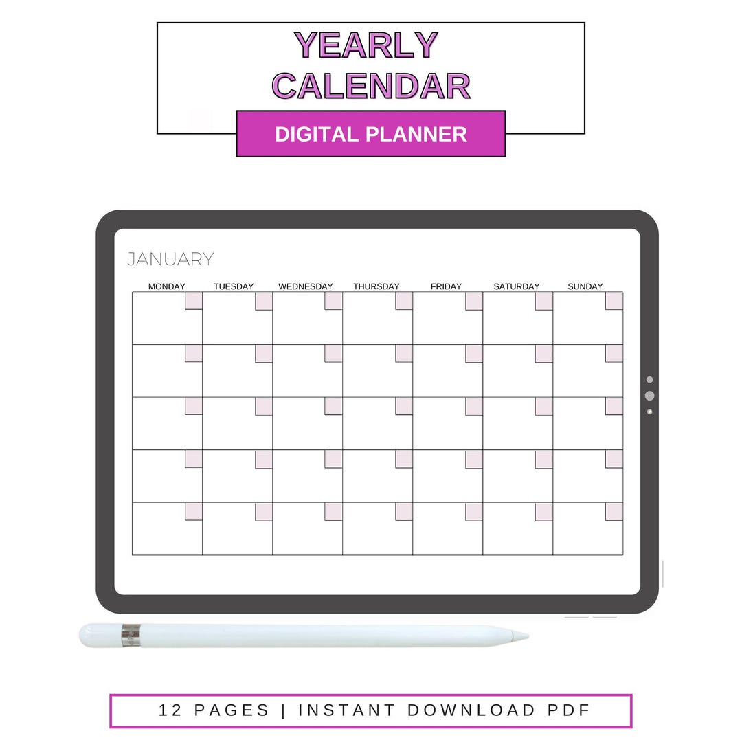 Digital Yearly Calendar, Yearly Calendar Print, Yearly Calendar ...