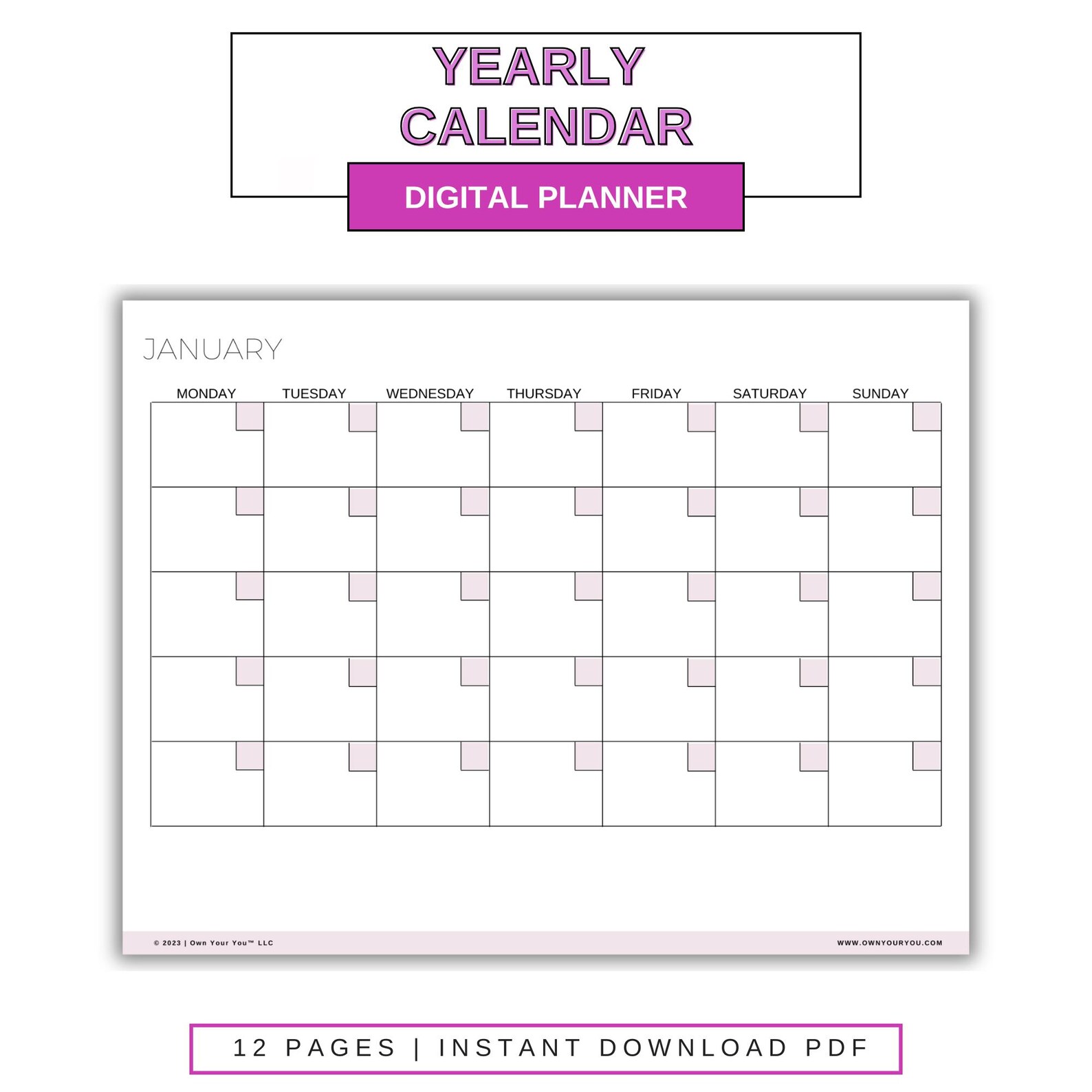 Blank Yearly Calendar Printable: 12-month Overview (digital PDF) - Etsy