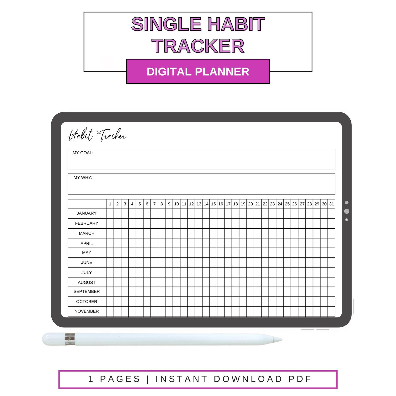 Digital Single Habit Tracker: Printable PDF Template (11x8.5) - Etsy