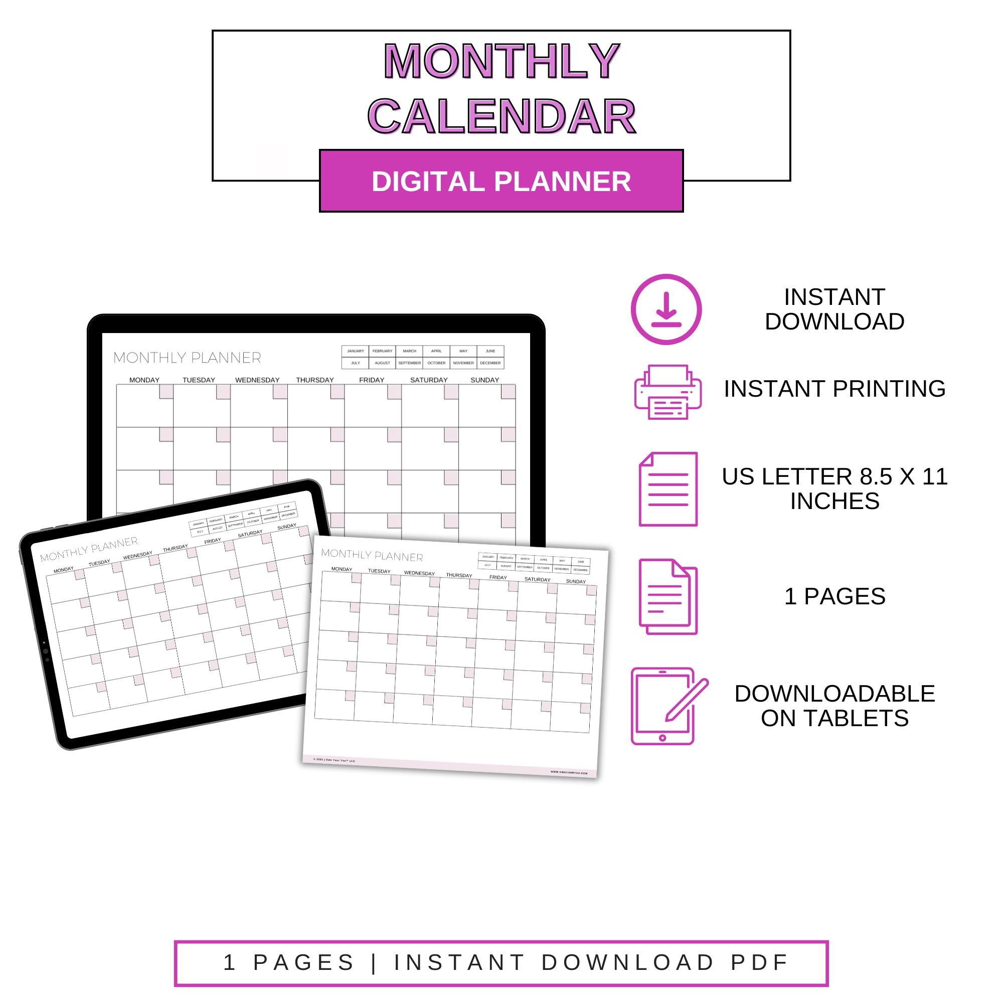 Blank Monthly Calendar: Pink Digital Planner (PDF) - Etsy