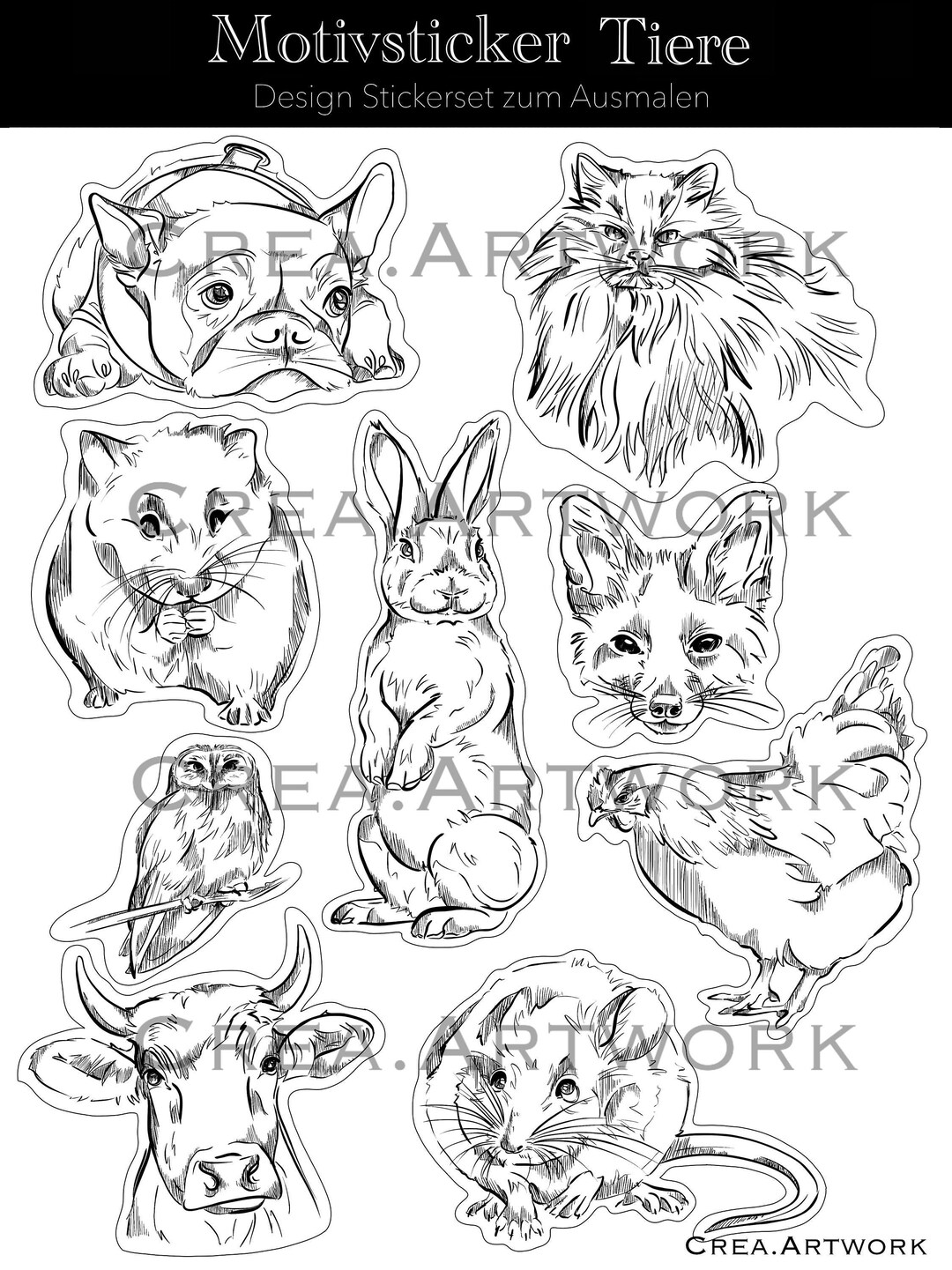 9 Motif Sticker Set Animals, for Coloring, Fineline Stickers, Cut ...
