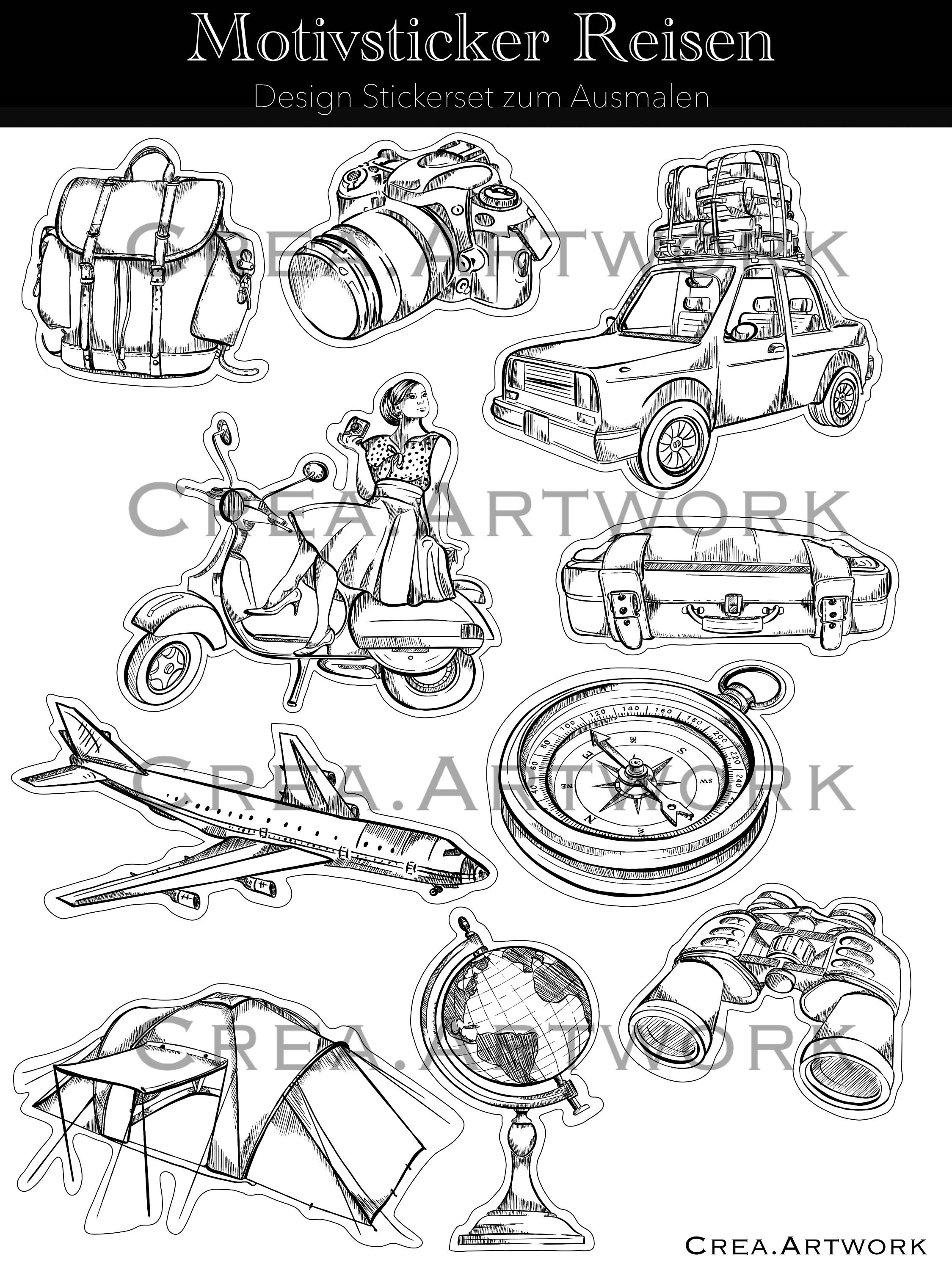 10 Motif Sticker Set Travel for Coloring Fineline Sticker - Etsy