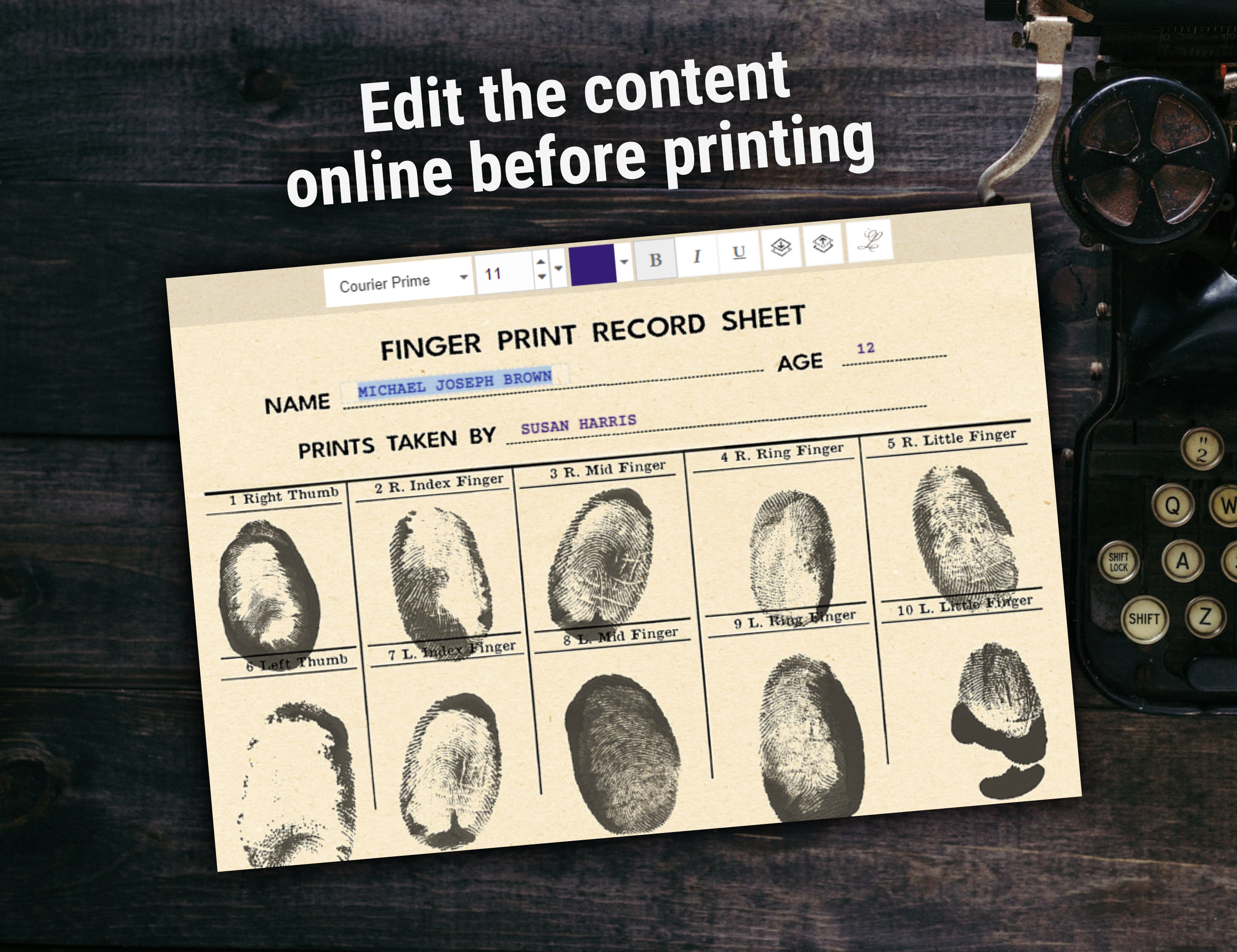Editable Fingerprint Record Sheet Template - Fingerprint Record Sheet Replica - Instant Download ...