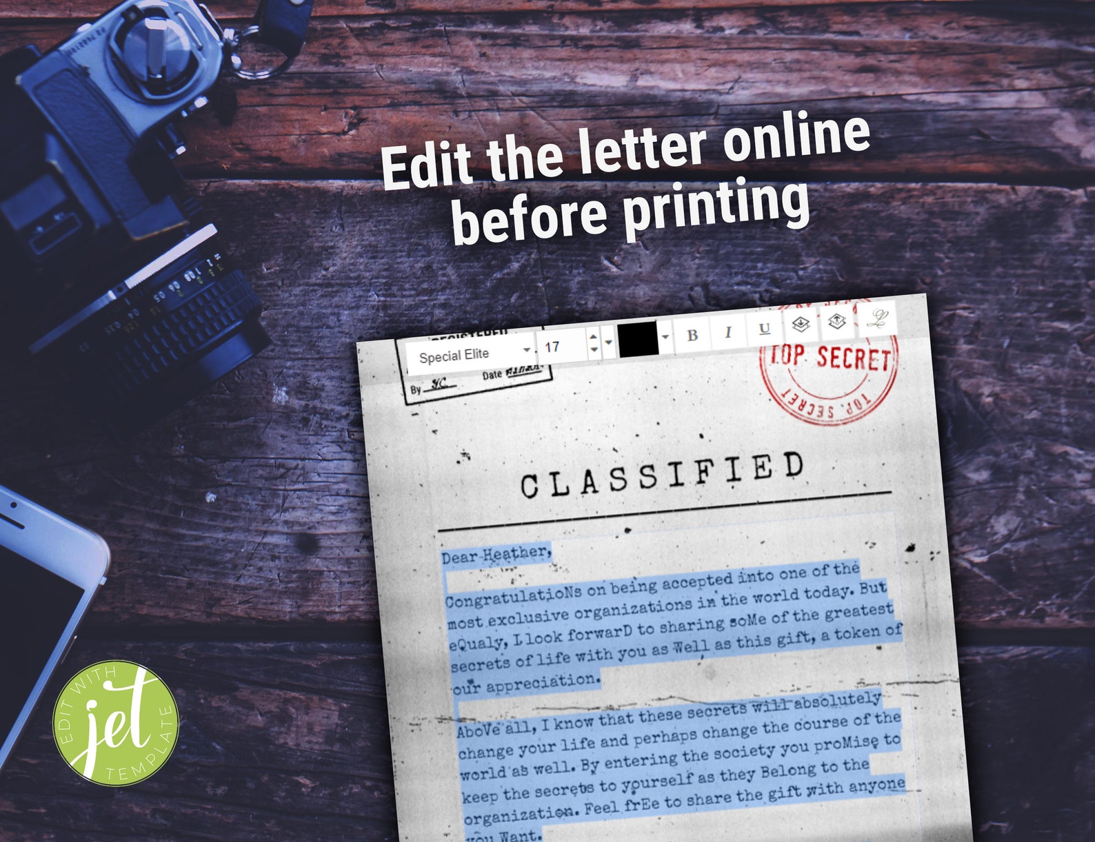 Editable Top Secret Letter Template: Spy Letter & Envelope (instant ...