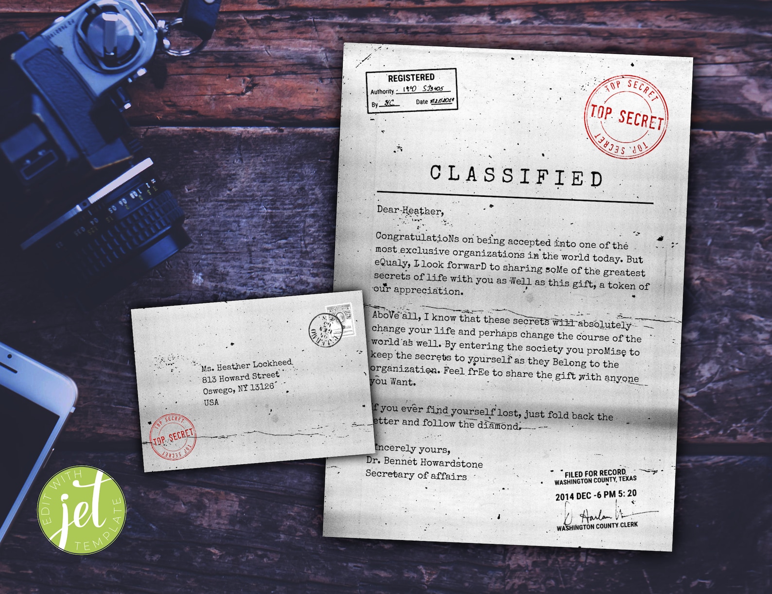 Editable Top Secret Letter Template: Spy Letter & Envelope (instant ...