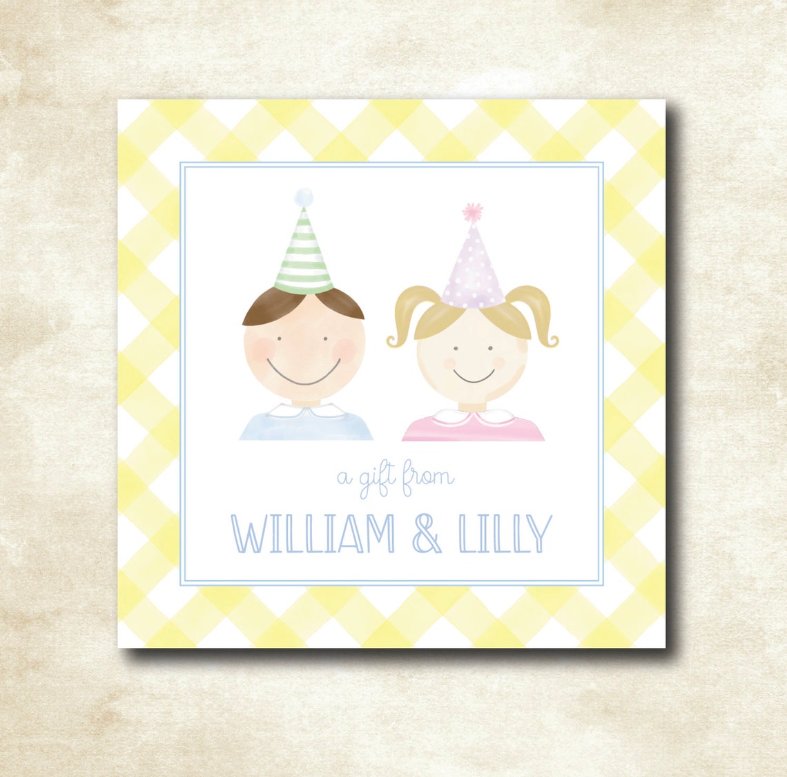 Multiple Sibling Gingham Gift Tags, Yellow Gift Tags, Birthday Hat Gift ...