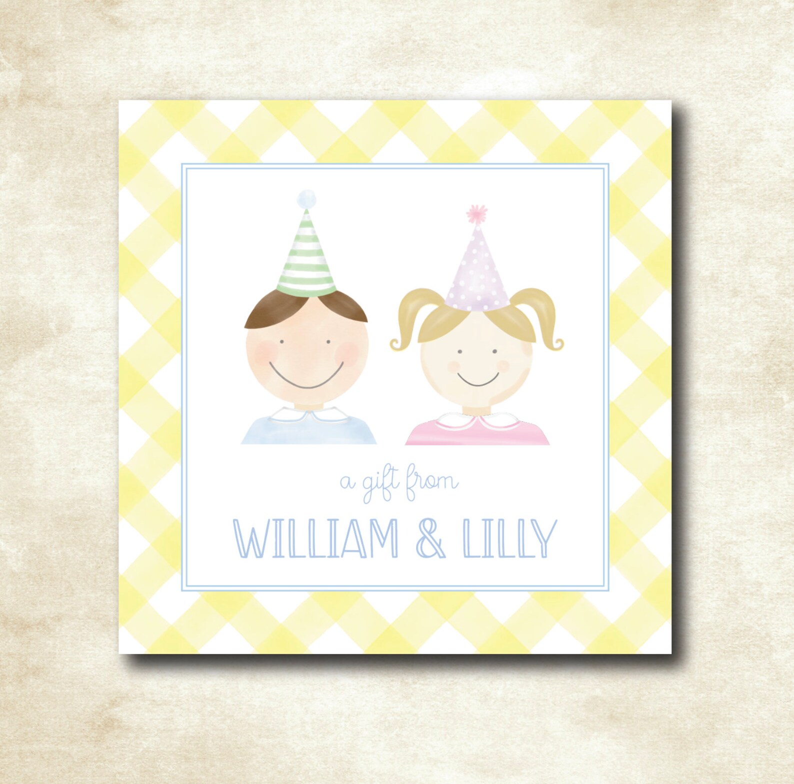 Multiple Sibling Gingham Gift Tags, Yellow Gift Tags, Birthday Hat Gift ...
